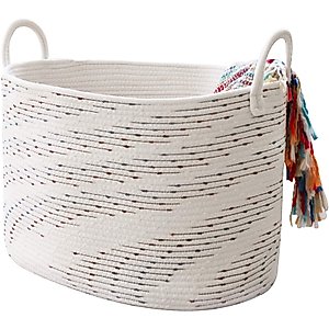 LA JOLIE MUSE Large Cotton Rope Blanket Basket, Soft Woven Laundry Basket for Blankets Toys Yoga Mat, Soft Nursery Storage, 21"(L) x 15"(W) x 13"(H), Oval, Off White with Blue & Brown Dotted Pattern