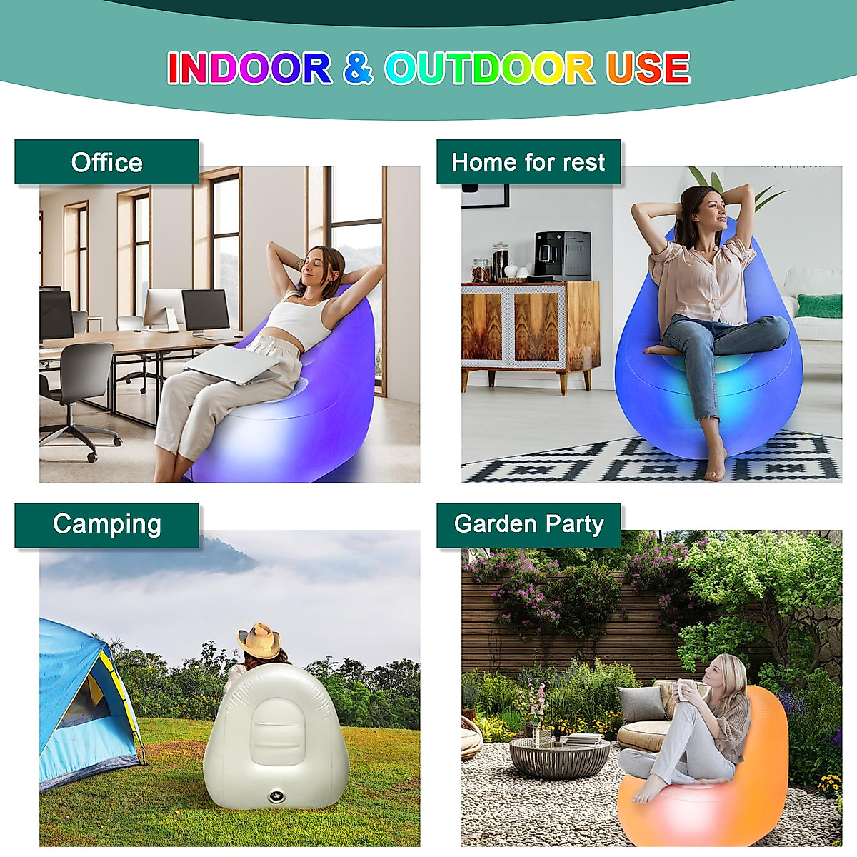 MIICASA LED Light Inflatable Chair, Blow Up Illuminated Air Sofa, Folding Lazy Sofa Furniture, Inflatable Lounge, Inflatable Couch Without Pump for Indoor Outdoor Camping, Party, Beach, Hiking, Yard