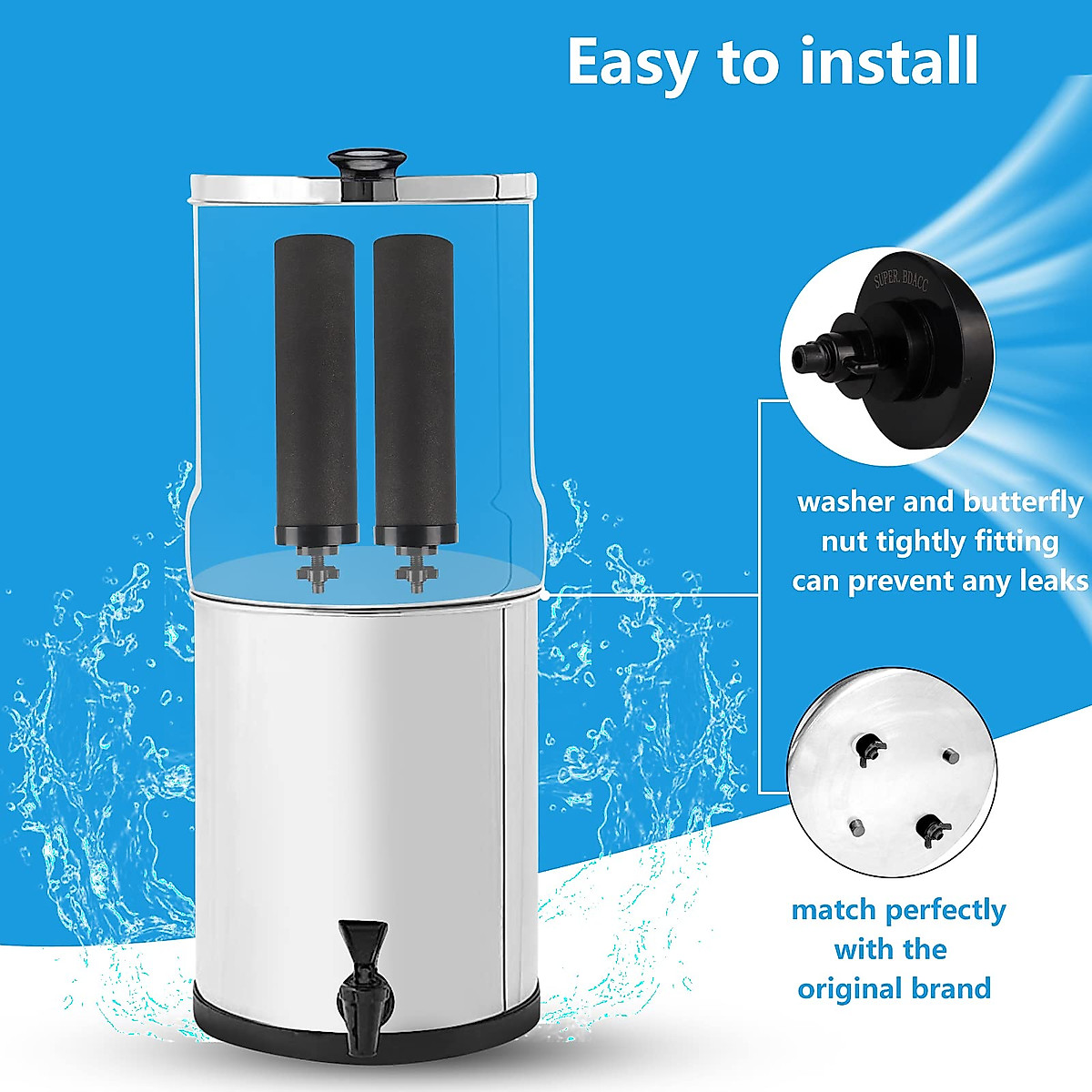 SUPER.BDACC Water Filter Replacement, Gravity Controlled Flow, Carbon Block Replacement for Berkey Black System, Compatible with Stainless Steel Countertop Purification, Pack of 2