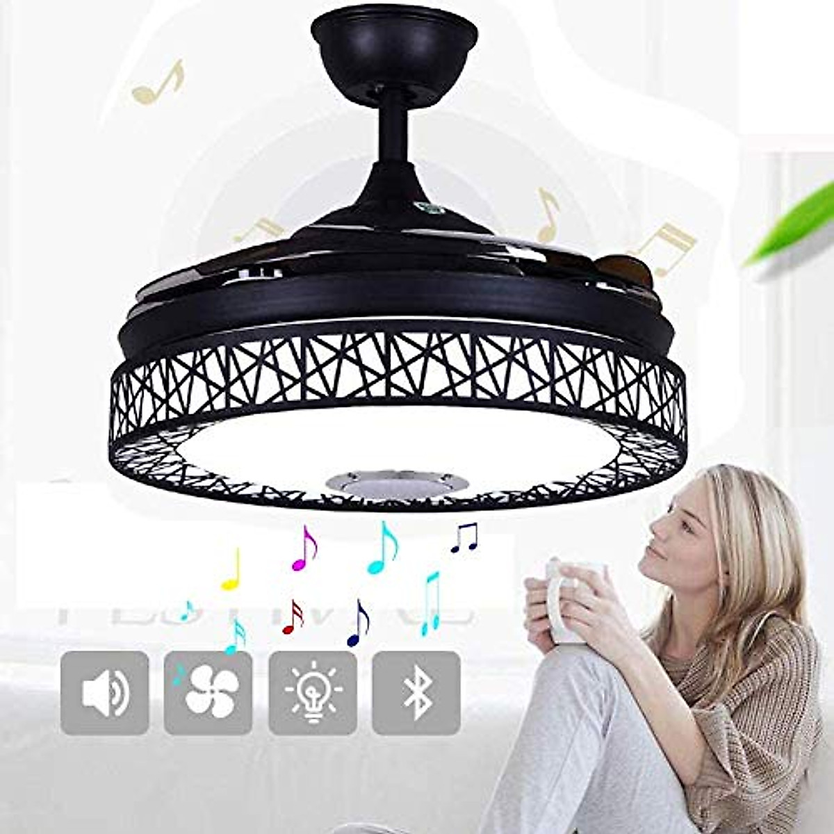 FINE MAKER 42 in Bluetooth Retractable Ceiling Fan with Light and Remote Control, LED 3-Color Light 3 Speed Retractable Blades, Bluetooth Invisible Fandelier Fan for Living Room/Restaurant/Bedroom