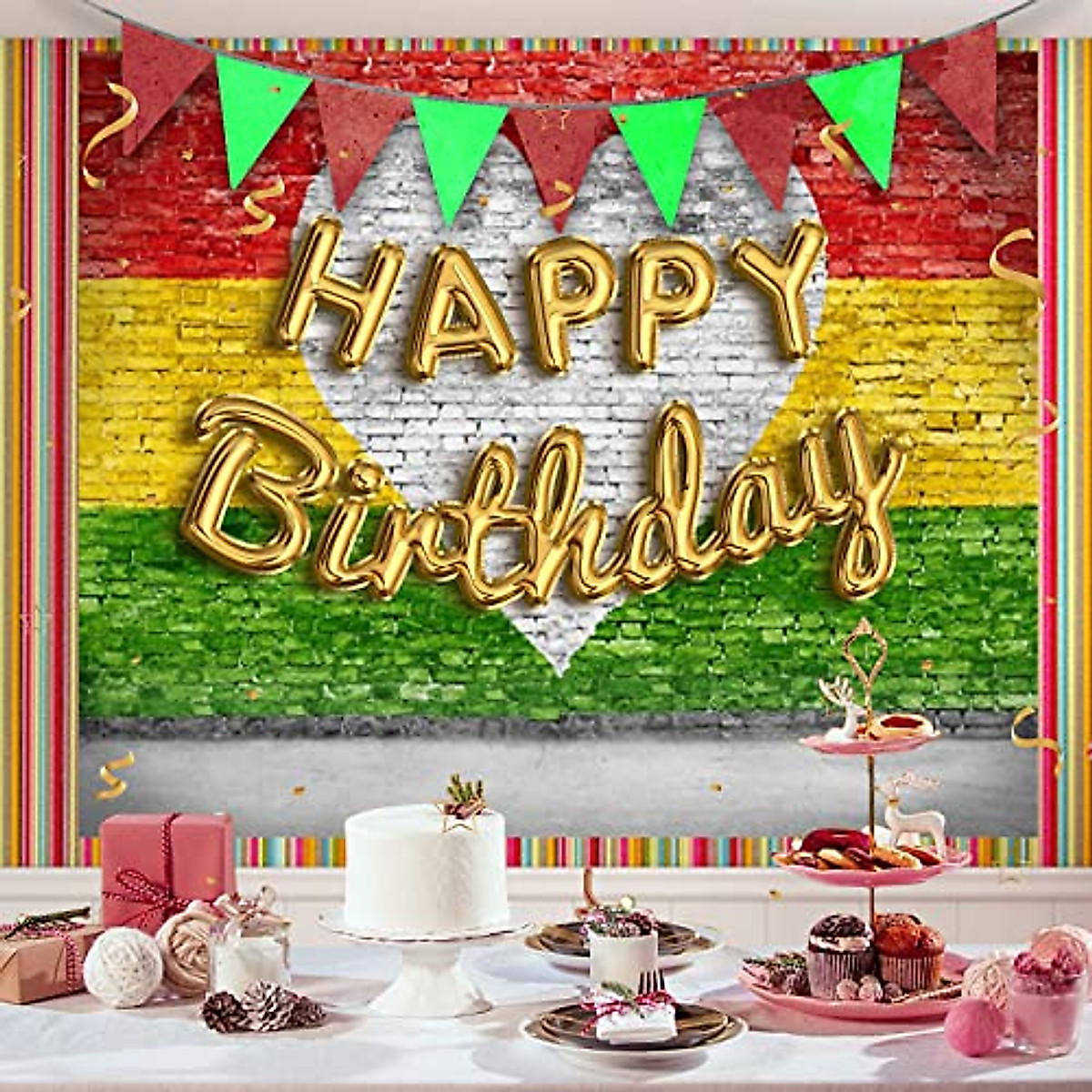 CSFOTO Polyester 4x4ft Brick Wall Love Reggae Backdrop Juneteenth Decorations for Party White Heart Yellow Green Red Striped Painted Wall One Love Birthday Party Background One Love Backdrop