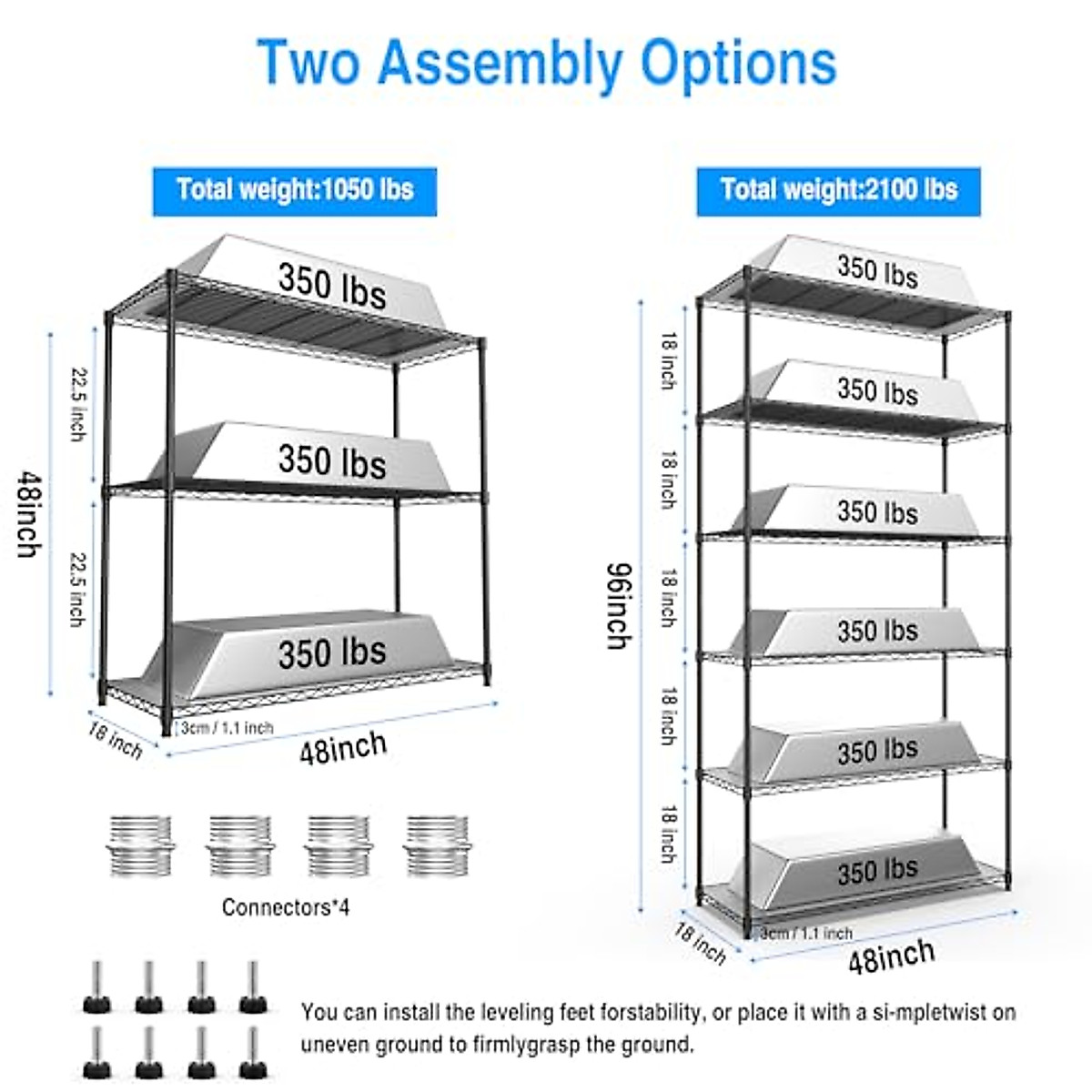 3 Tier NSF Metal Shelf Wire Shelving Unit - Black Set of 2, 1050lbs Capacity Heavy Duty Adjustable Storage Rack with Shelf Liners, Extensible to 6 Tier 2100lbs Shelving Designs, 48" H x 48" L x 18" D