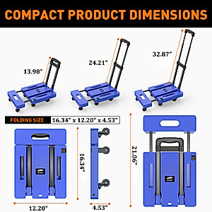 Ronlap Folding Hand Truck, Foldable Moving Dolly Cart with Wheels 500lbs Heavy Duty Luggage Cart Portable Hand Cart Collapsible Dolly with 6 Wheels & 2 Ropes for Airplane Travel House Moving, Blue