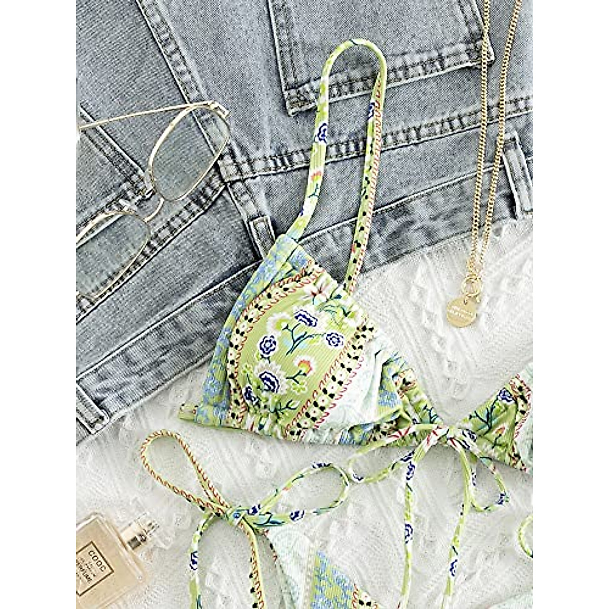 WDIRARA Women's Floral Print Tie Side Swimwear Straps Bikini Sets Swimsuits Green S