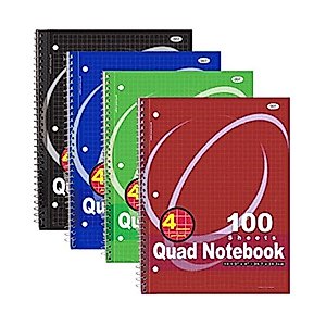 RamPro Quad-ruled Spiral Notebook 10-1/2 X 8 Inches, Assorted Colors, 100 Count (007) [4-Pack]
