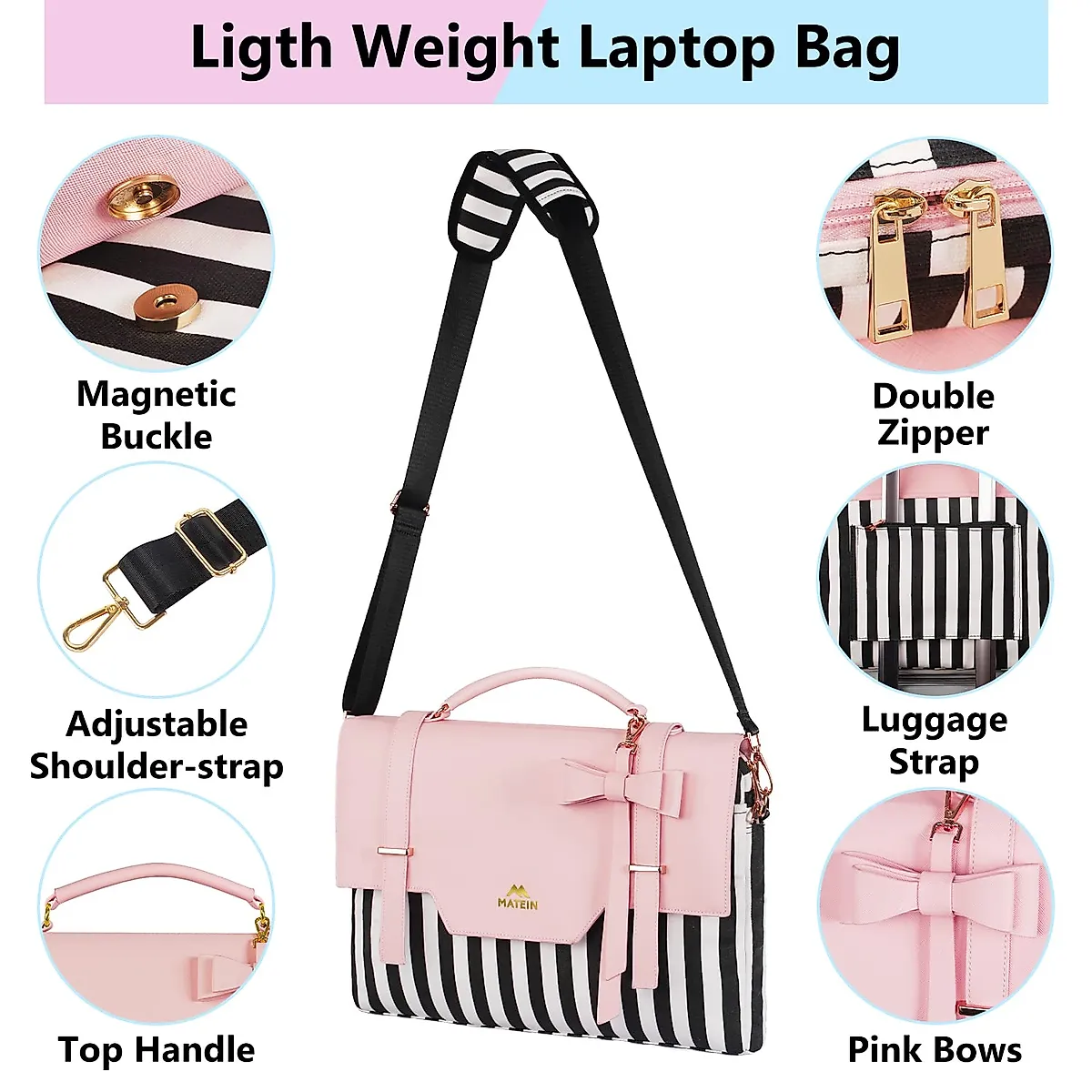 MATEIN Laptop Bag for Women, 17 inch Cute Computer Briefcase Laptop Carrying Case, Lightweight Messenger Sleeves Shoulder Work Tote Bag with Bow & RFID Pocket Gifts for College Office Business, Pink