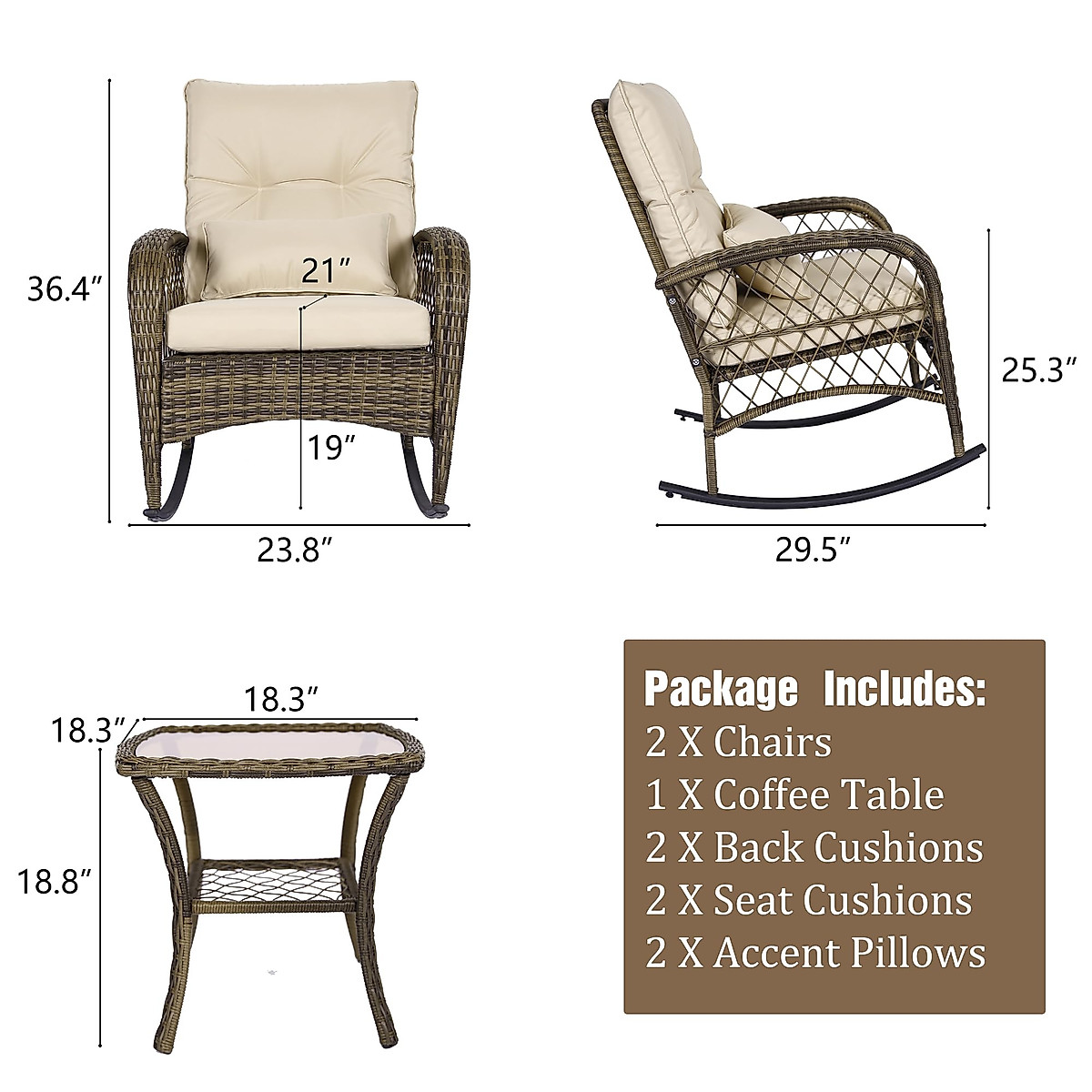 DECMICO Wicker Rocking Chair Set of 2, Patio Conversation Bistro Set, Rattan Outdoor Rocker Chairs with Cushions and Side Table, Wicker Porch Furniture for Backyard, Garden, Beige