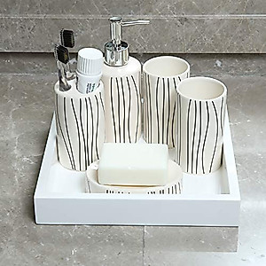 LUEUR 5 Pieces Ceramic Bathroom Accessories Set Includes Soap Dispenser, Soap Dish, 2 Tumblers, Divided Toothbrush Holder w/ Striped Line Printed