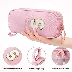 Idefair Cute Pencil Case, Preppy Pencil Pouch Aesthetic Pen Case with Finger Loop, Large Capacity Pencil Bag with Double Zipper School Supplies for Girls (Pink, Letter A)