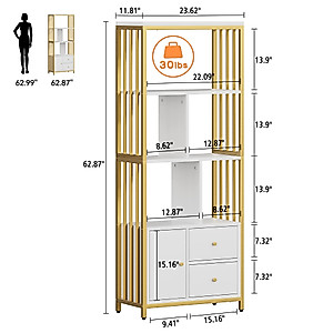 Amyove Gold Bookshelf with Drawers Modern Bookcase Storage Rack Shelf Tall Standing Bookshelves Metal Frame Large Display Racks Book Shelf for Bedroom, Living Room, Home Office, White/Gold