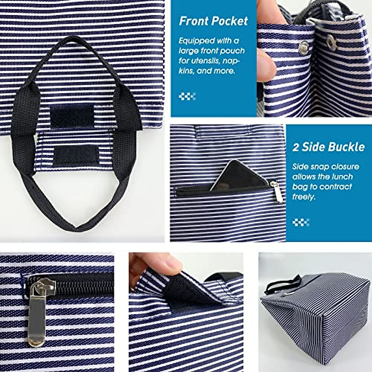 Mziart Insulated Lunch Bag for Women Men, Foldable Reusable Bento Lunch Bag Lunch Box Cooler Waterproof Lunch Tote Bag Lunch Container for Work Office Picnic or Travel (Blue White Stripes)