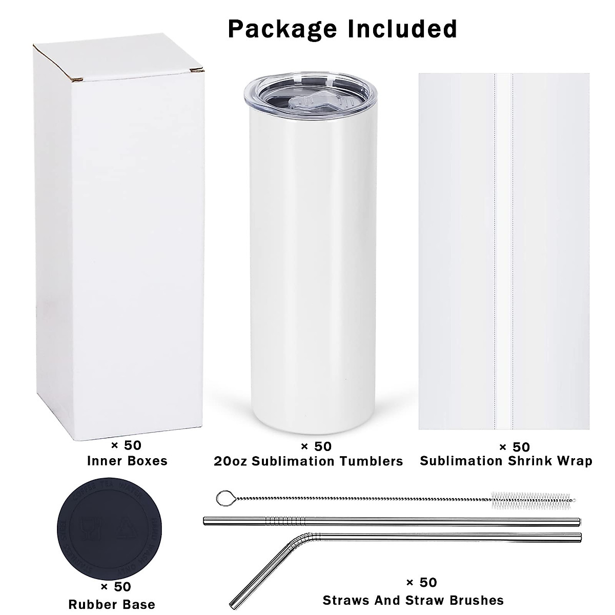 Micellwuu 50 Pack Sublimation Tumblers Bulk 20 oz Skinny Straight，Stainless Steel Sublimation Blanks Skinny Tumbler Cups White, Individually Boxed