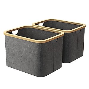 2 Pack Large Storage Basket for Organizing, Collapsible Fabric Storage Bins With Bamboo Handles, Closet Storage basket for Organizing Toy Books Towel and Clothes(Grey) 17.7 × 13.7 × 12inch