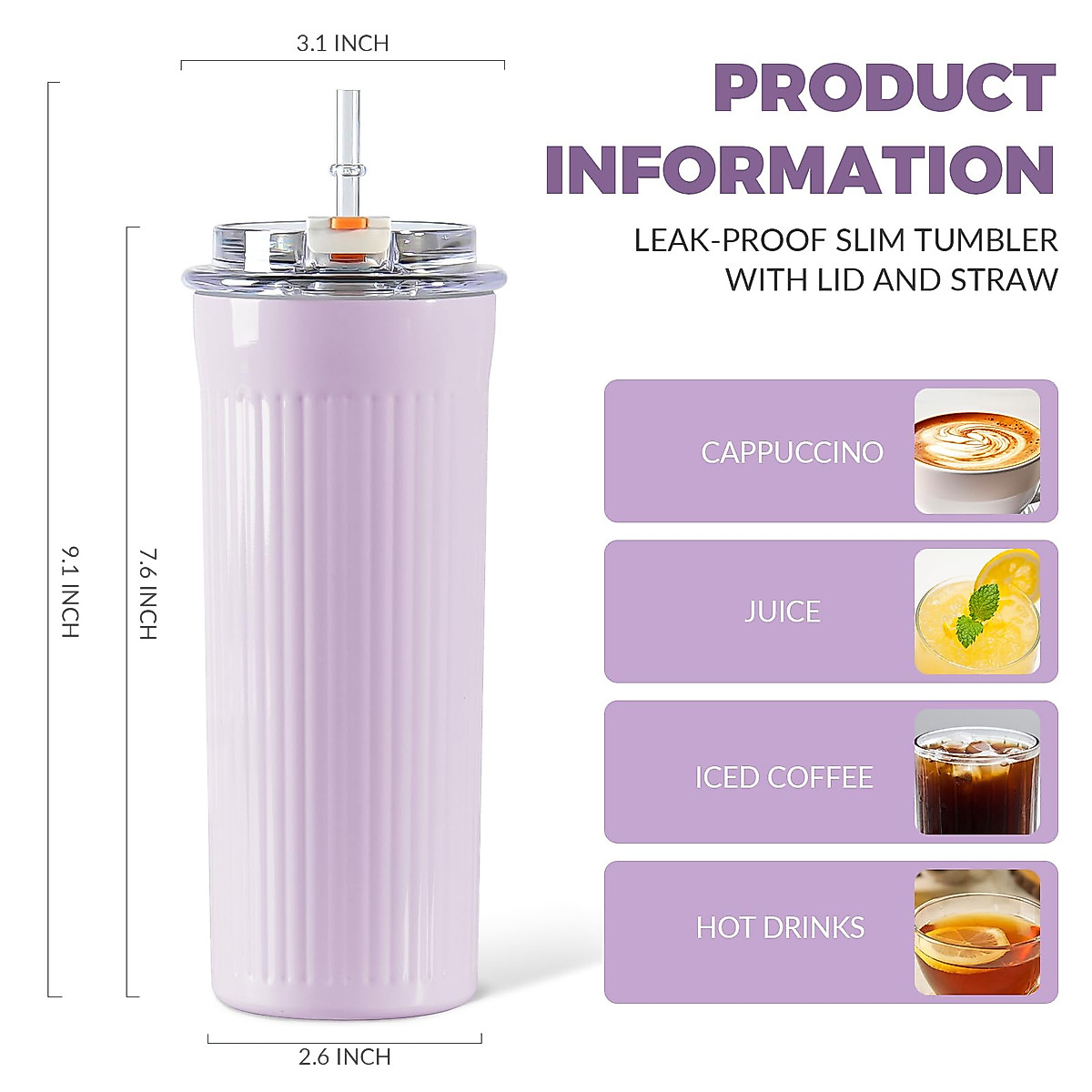 Puraville 14 oz Coffee Tumbler with Lid and Straw, Stainless Steel Insulated Travel Coffee Mug with Lid, Reusable Skinny Tumbler Cup for Women and Men,Lilac