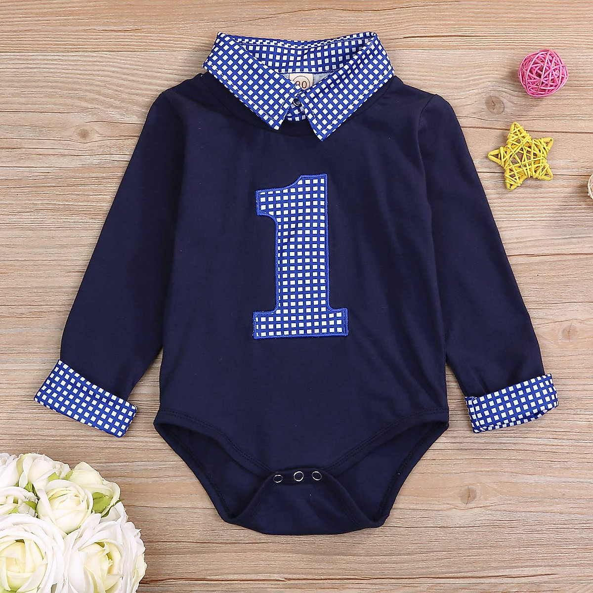 Baby Boy First Birthday Clothes Plaid Stand Collar Long Sleeve Romper Jumpsuit Cake Smash Outfit (Navy Blue, 15 Months)