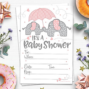 Pink Elephant Girl Baby Shower Invitations (20 Count) with Envelopes