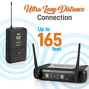 Pyle 2 Channel Wireless Microphone System - Portable UHF Digital Audio Mic Set with 2 Headset, 2 Lavalier lapel, 2 Transmitter, ¼’’ cable, power adapter - For Karaoke, PA, DJ, - PDWM3400,Black