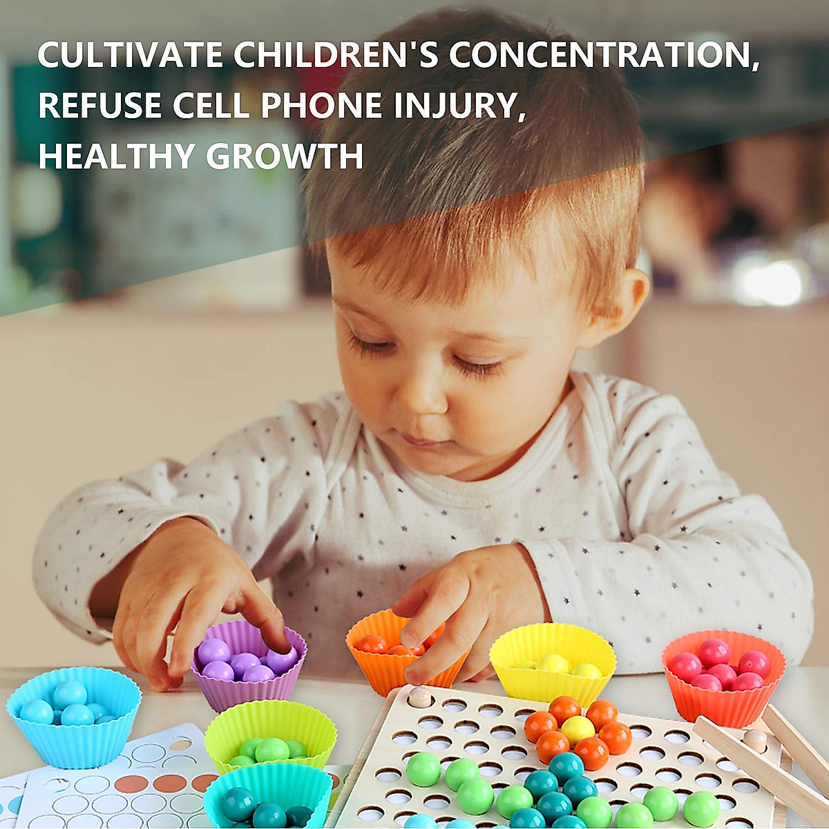 EGGFINE 5 in 1 Sorting Stacking Color Toys with Maths Counting, Montessori Toys for Preschool Math Educational, Wooden Peg Board Beads Game,Toddler Matching Games