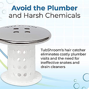 TubShroom Tub Drain Hair Catcher, Chrome – for Bathroom Drains, Fits 1.5” – 1.75” Bathtub and Shower Drains, White