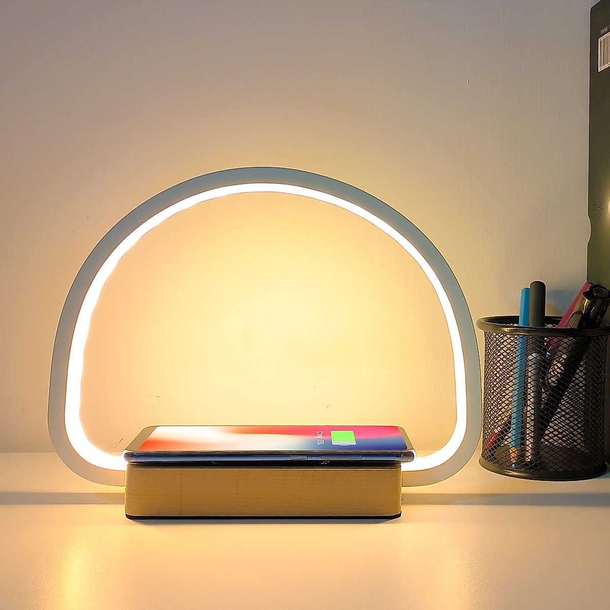 Sparkling Wonderful Bedside Table Lamp with Qi Wireless Charging & USB Port, Touch Control Desk Lamp with 3 Color Modes, Night Light Eye-Caring Reading Lamp for Bedroom, Dorm, Office