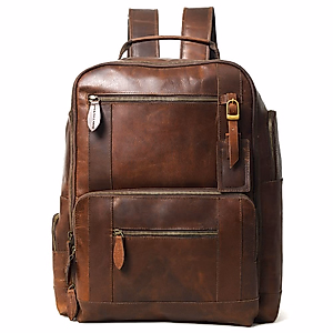 Gratlin Buffalo Leather Backpack for Men 16 Inches | Vintage Leather Backpack Multi Pockets Business Travel Daypack | Full Grain Brown Leather Shoulder Rucksack Knapsack Best for Office