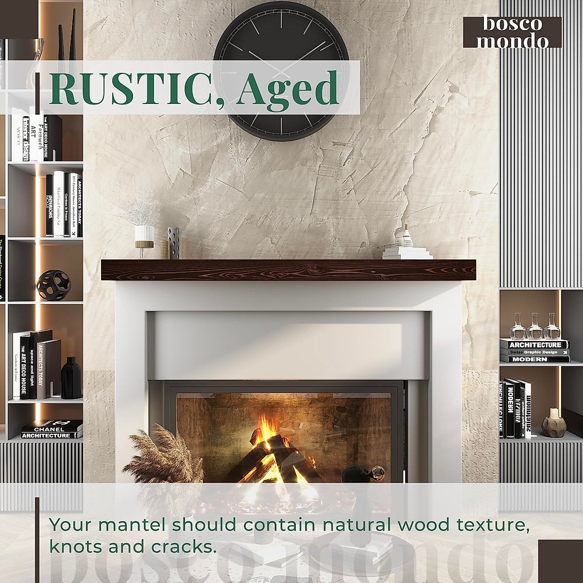 BoscoMondo Solid Wood Fireplace Mantel Shelf, Floating Mantle for Living Room, Farmhouse Rustic Wood Mantel, 60" Long- 7INCH Deep, 3INCH Thick, Easy Wall Mount with Heavy-Duty Metal Bracket