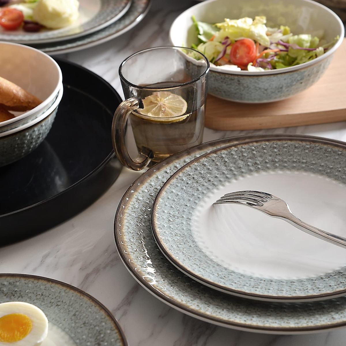 PUMELAMI Melamine Dinnerware Sets,12pcs Plates and Bowls Sets, Melamine Dishes Set for 4, Unbreakable,Dishwasher Safe, BPA Free,Great for Indoor Use,Camping, BBQ,RV, Party,Rustic Style (Teal)