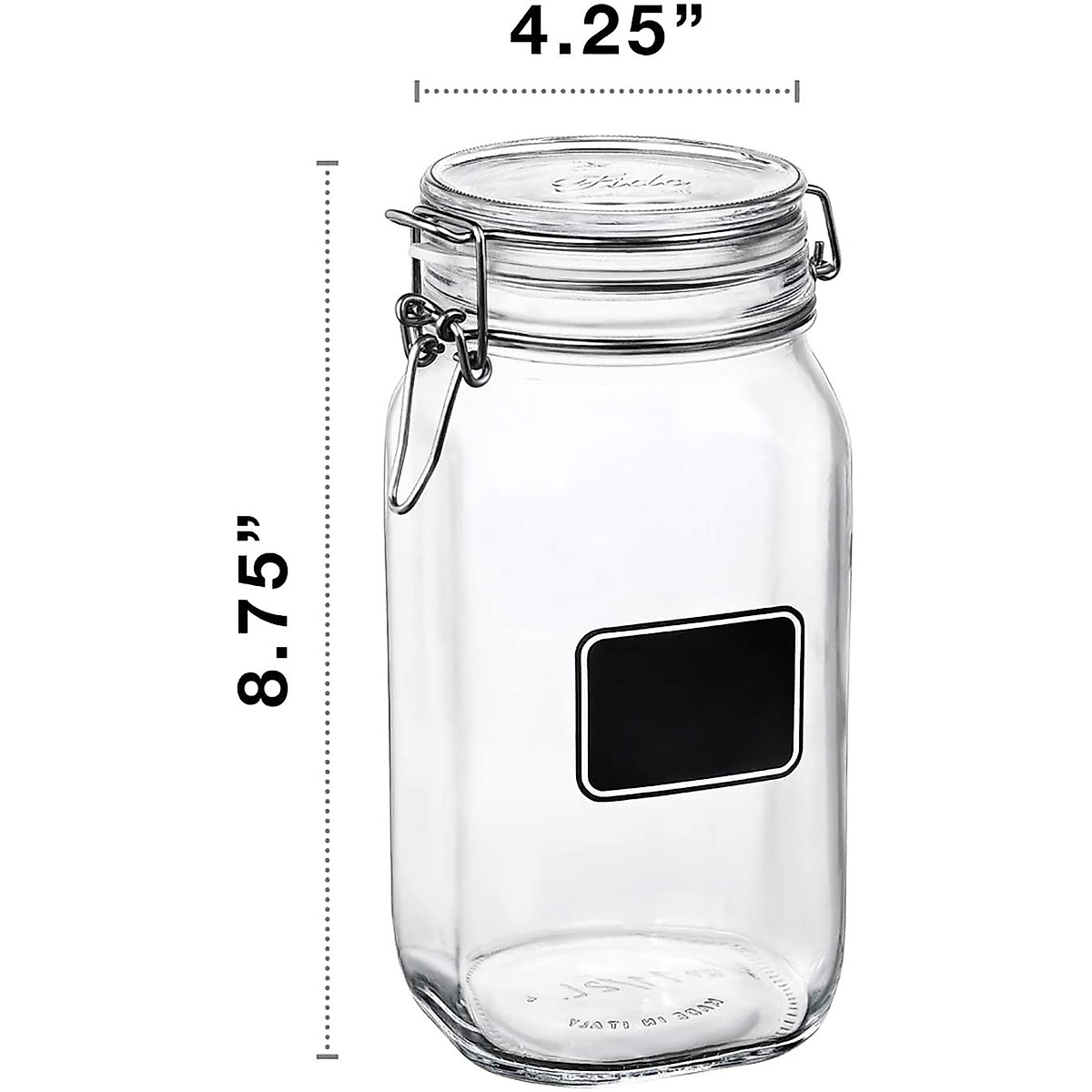 Bormioli Rocco Fido Collection, 2 Pack, 50.75 Oz. Food Storage Glass Jars, With Chalkboard, Airtight Rubber Seal & Glass Lid, With Steel Wire Clamp, Made In Italy.