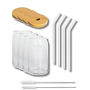 4 Pack Crystal Clear Beer Glass Can with Bamboo Lids Glass Straw and Brush Cleaner- Reusable Eco Friendly Heat and Cold Resistant Glass, Cocktail, Tumbler, Beer Glass
