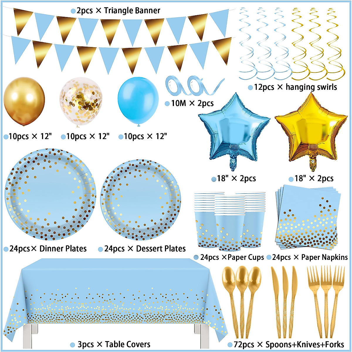 Blue Gold Party Supplies Foil Polka Dots Disposable Tableware Set Serves 24 Guests Star Foil Balloons Tablecloths Pennant Banners Plates for Birthday Wedding Baby Shower Party Graduation Decorations