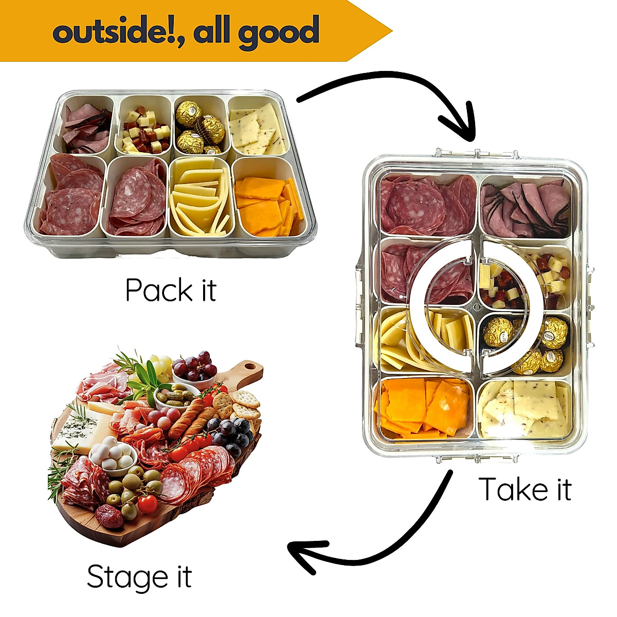 Serving Tray with Lid and Handle - Divided Portable Snackle Box Container, Fridge organizer, Clear Snack Box Organizer for Fruits, Candy, Charcuterie, Snacks - Ideal for beach and picnic essentials