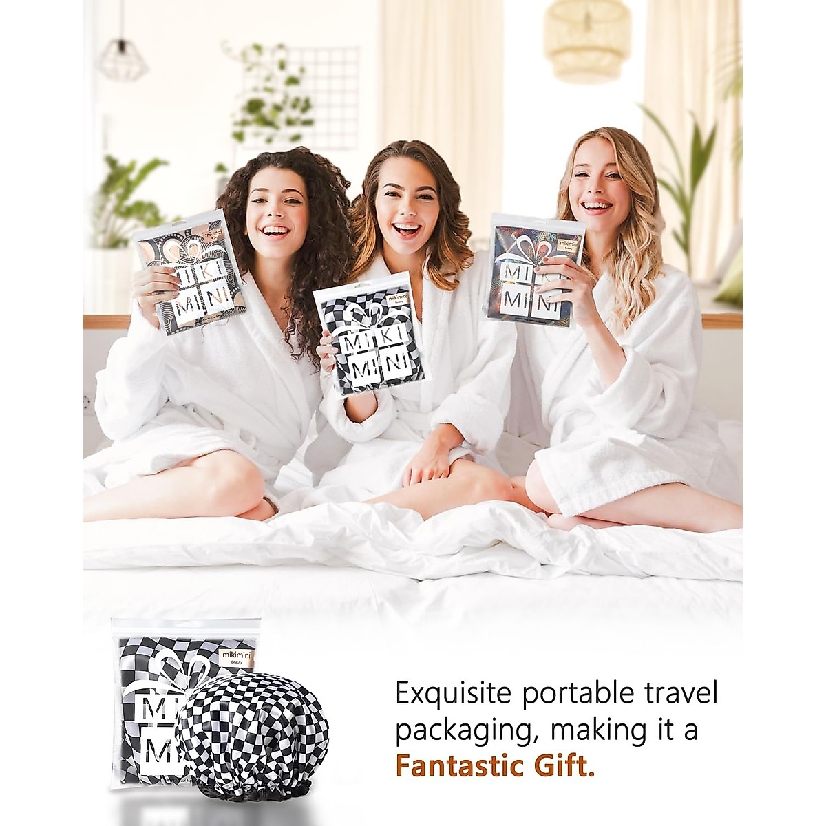 mikimini Large Shower Cap for Women Long Hair, Elegant Chessboard Design,Double-layer Waterproof, Reusable, Washable, No Odor, X-Large