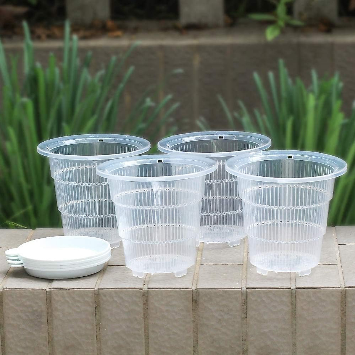 Meshpot 4 inch Clear Plastic Orchid Pots with Holes and Saucers for Repotting,Pack of 4,Small Orchid Planters Own Scientific Controlling Roots Technology to Develop More Strong Roots