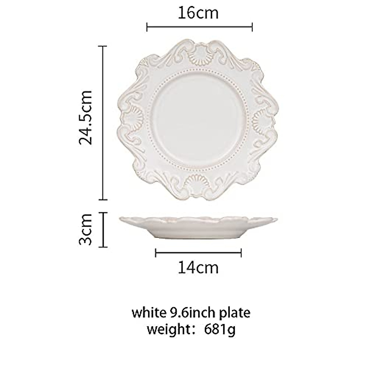 KOWMcp Dinner Plates Vintage Embossed Dessert Plate Ceramic Salad Dish Steak Pasta Dinner Plate Kitchen Tableware Dinnerware Party Household (Color : White, Size : C)
