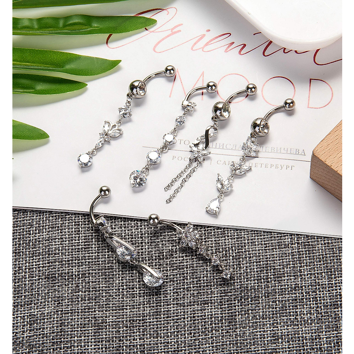 YOVORO 6PCS 14G 316L Stainless Steel Belly Button Rings for Women Navel Rings Barbell Dangle Flower CZ Body Piercing (C: 6 Pcs Silver-tone)