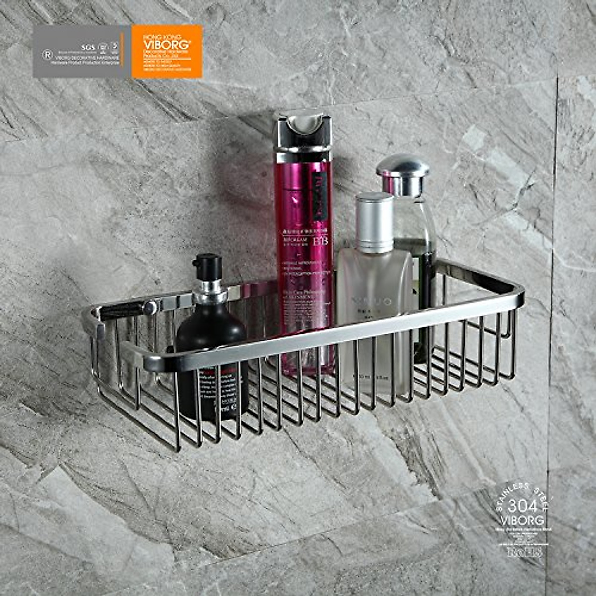 VIBORG Deluxe Solid Thick SUS304 Stainless Steel Wire Wall Mounted Single Tier Bathroom Rectangular Shower Basket Bath Caddy Shelf Organizer Storage Holder for Shampoo Conditioner Polished mirror-like