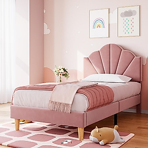 IDEALHOUSE Twin Pink Bed Frame, Twin Velvet Upholstered Bed Frame with Height Adjustable Headboard, Girl Twin Bed Frame with Strong Wood Slat Support and Metal Frame, Easy to Assemble