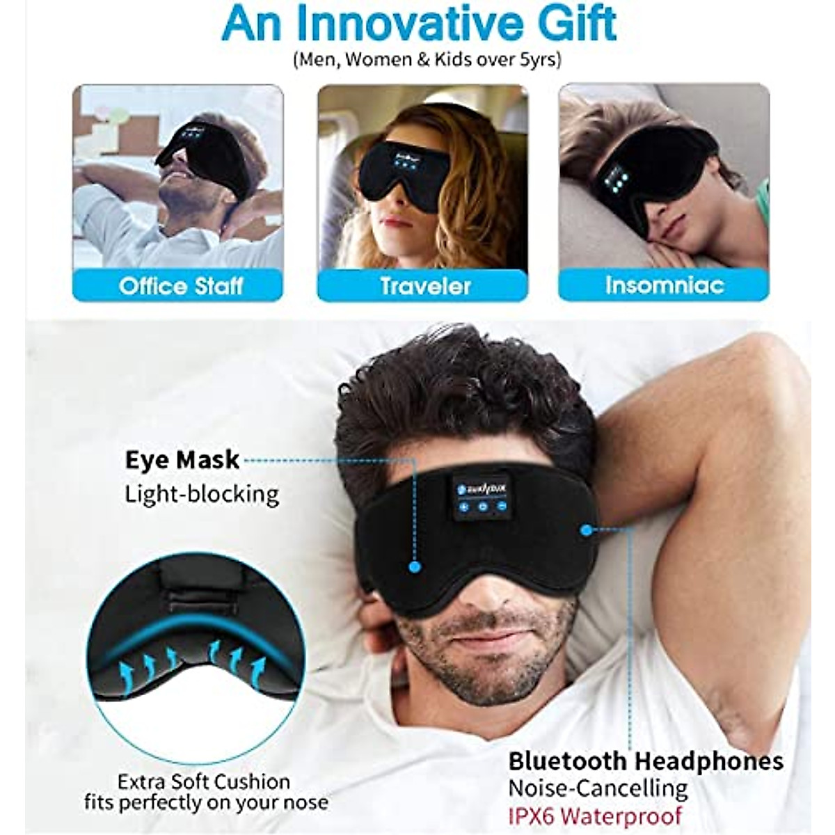 Sleep Headphones Bluetooth 5.2 Wireless 3D Eye Mask, ZUXNZUX Ultra Soft Sleeping Headphones for Insomnia Travel and Side Sleepers (Black)