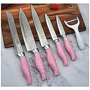 Kitchen Knives Set, Stainless Steel Knife Set with Novelty Acrylic Block, Sharp Cutlery Knife Set for Chef Cooking Cutting, Pink Color Knife
