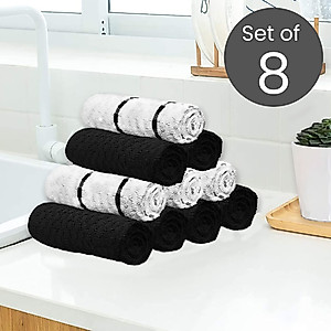 Linen Hub Terry Kitchen Dish Towels for Drying Dishes Set of 8, Soft Absorbent Tea Towel, Farmhouse Kitchen Towels with Hanging Loop, 100% Cotton Kitchen Towels for Easter, Christmas 15x25 Black White