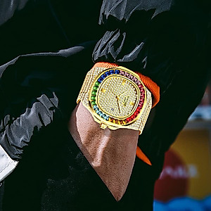 FANMIS Luxury Bling-ed Out Colorful Full Diamond Watches Gold Fashion Quartz Analog Stainless Steel Band Bracelet Wrist Watch