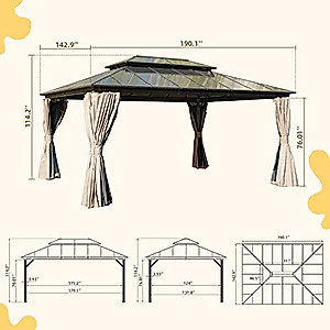 Domi 12' X 16' Hardtop Gazebo, Permanent Outdoor Gazebo with Polycarbonate Double Roof, Aluminum Gazebo Pavilion with Curtain and Net for Garden, Patio, Lawns, Deck, Backyard