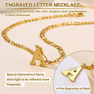 Gold Plated Diamond Cut Letter Initial T Pendant Necklace for Women A-Z Name Jewelry 16Inch/18inch Figaro Choker Chain Adjustable Personalized