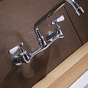 Kitchen Faucet Wall Mount Commercial Sink Faucet Kitchen Utility Laundry 8 Inch Swivel Spout 2 Dual Handle Restaurant Chrome Mixer Tap