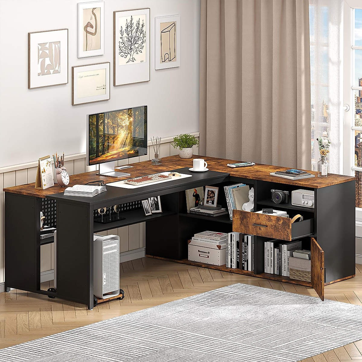 YOMILUVE 71 Inch Executive Desk with Storage Shelves, Industrial L-Shaped Desk with Cabinet Storage & Drawer, Home Office Desk Business Furniture, Rustic Brown & Black