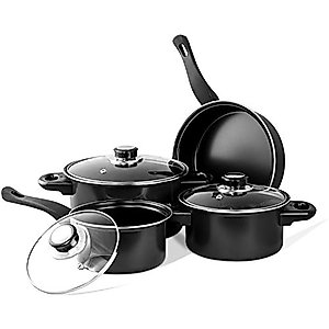 Imperial Home 7 Pc Carbon Steel Nonstick Cookware Set, Pots & Pans Set, Dishwasher Safe Cookware Set, Cooking Set, Kitchen Essentials (Black)