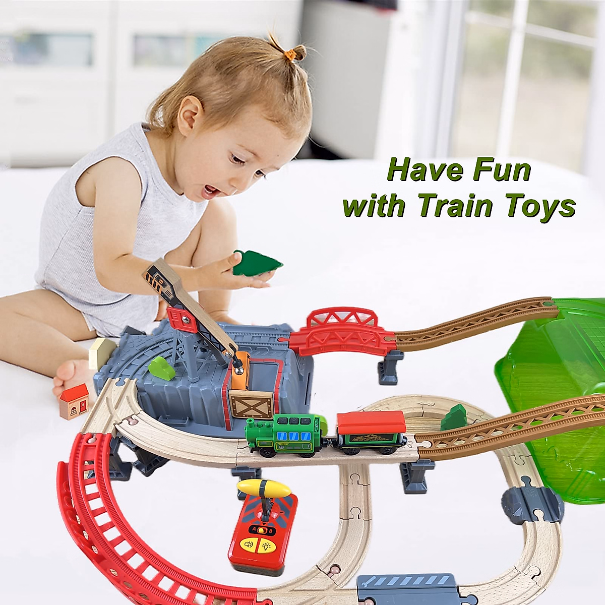 HANQIAN Battery Operated Locomotive Train Set for Wooden Train Track Electric Remote Control Magnetic Train Vehicles Toy Powerful Engine Light Train Cars Toy Sets for Kids Toddler Gift