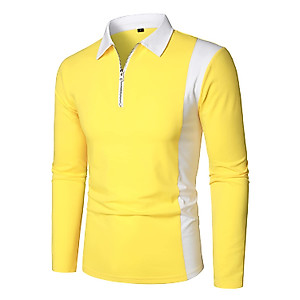 HOOD CREW Mens Long Sleeve Polo Shirts Fashion Color Block Zipper T shirts Yellow 3XL