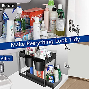 Under Sink Organizers and Storage, Adjustable Height Sliding Under Bathroom Cabinet Storage Organizer, 2 Tier Under Kitchen Sink Organizer with 4 Hooks, 4 Hanging Cup for Bathroom, Kitchen (Black)