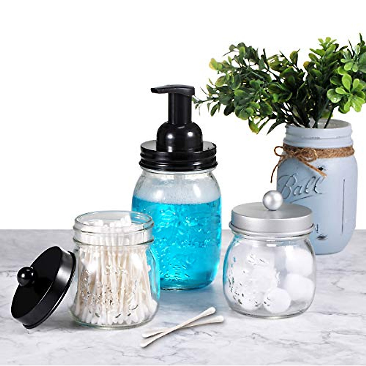 Mason Jars,Bathroom Apothecary Jars, Farmhouse Decor,Bathroom Vanity Storage Organizer Holder Glass for Qtips,Cotton Swabs,Rounds,Bath Salts,Cotton Ball - Rust Proof Stainless Steel Lid/Black